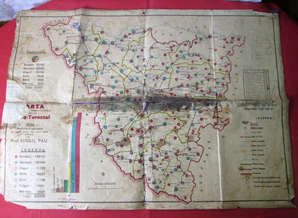 Harta veche judetul Timis-Torontal 1934, harta demografica si ...