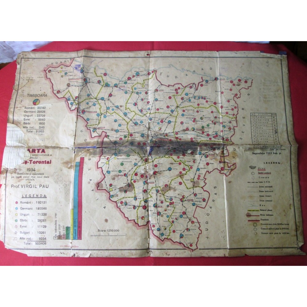 Harta veche judetul Timis-Torontal 1934, harta demografica si ...