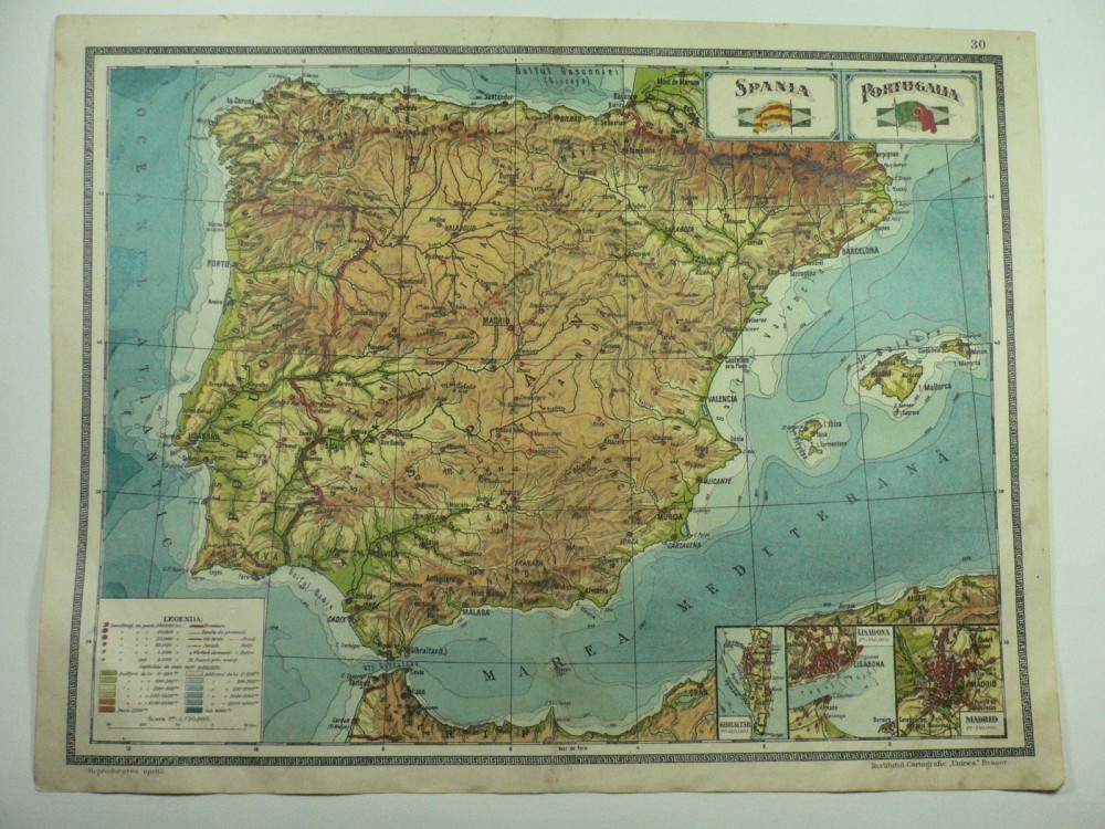 HARTA VECHE - SPANIA - PORTUGALIA - DIN ATLAS GEOGRAFIC 1924 | Okazii.ro