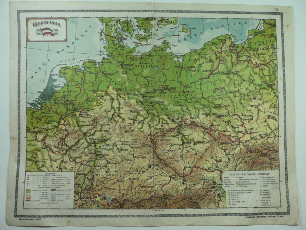 HARTA VECHE -GERMANIA - ATLAS GEOGRAFIC 1924 -INST.CARTOGRAFIC "UNIREA ...