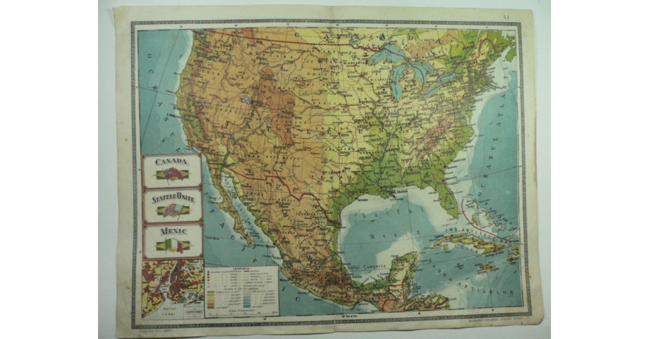 HARTA VECHE - CANADA - STATELE UNITE -MEXIC -ATLAS GEOGRAFIC 1924 - I ...