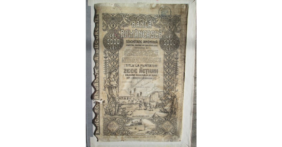 Actiune veche 5000 lei , Banca Romaneasca Bucuresti , actiuni 1922 ...
