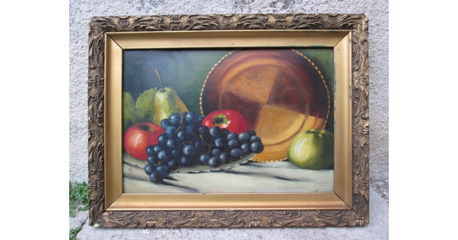 Natura statica , fructe , struguri si mere , ulei pe carton , tablou ...