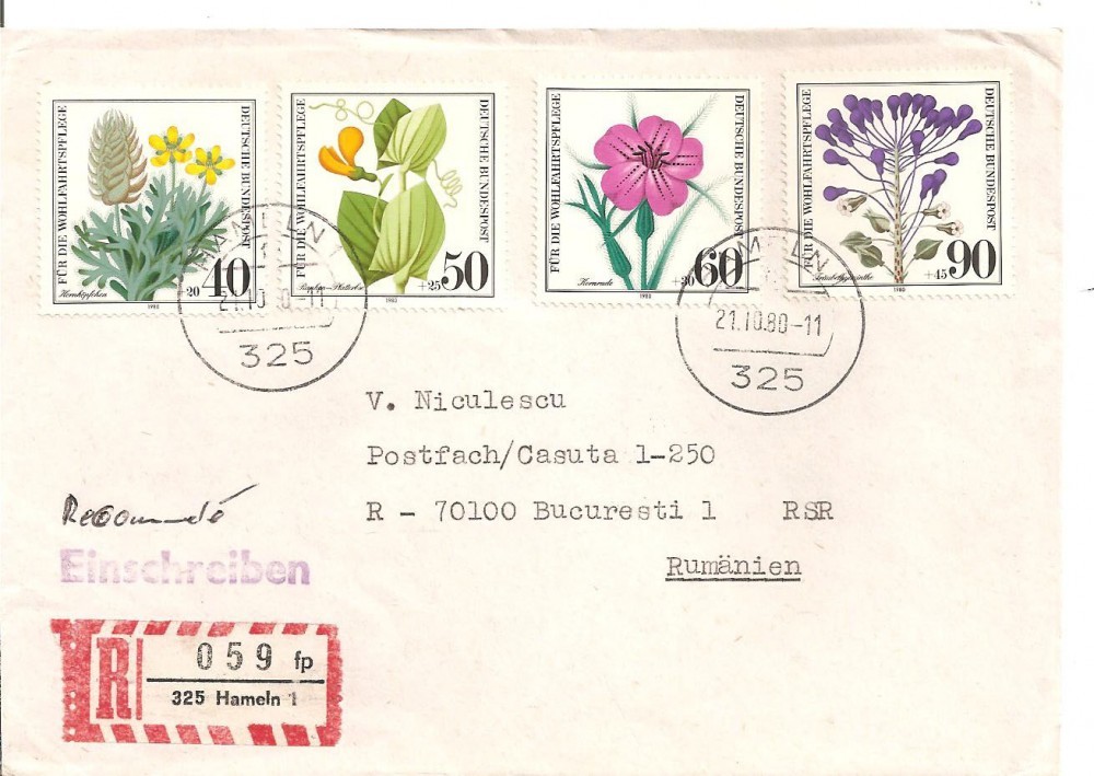INTREG POSTAL 4881 GERMANIA, ROMANIA, PLIC CIRCULAT, TIMBRE SERIE ...