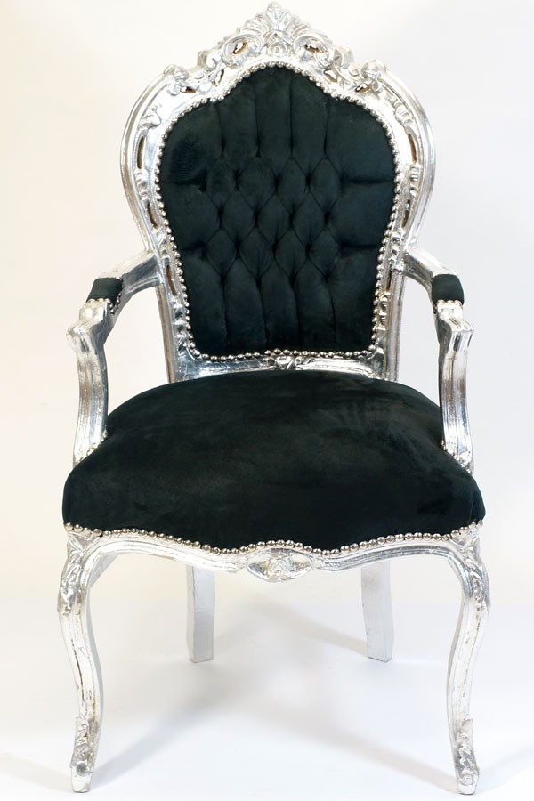 SCAUN BAROC DIN LEMN MASIV ARGINTIU CU TAPISERIE NEAGRA | arhiva Okazii.ro