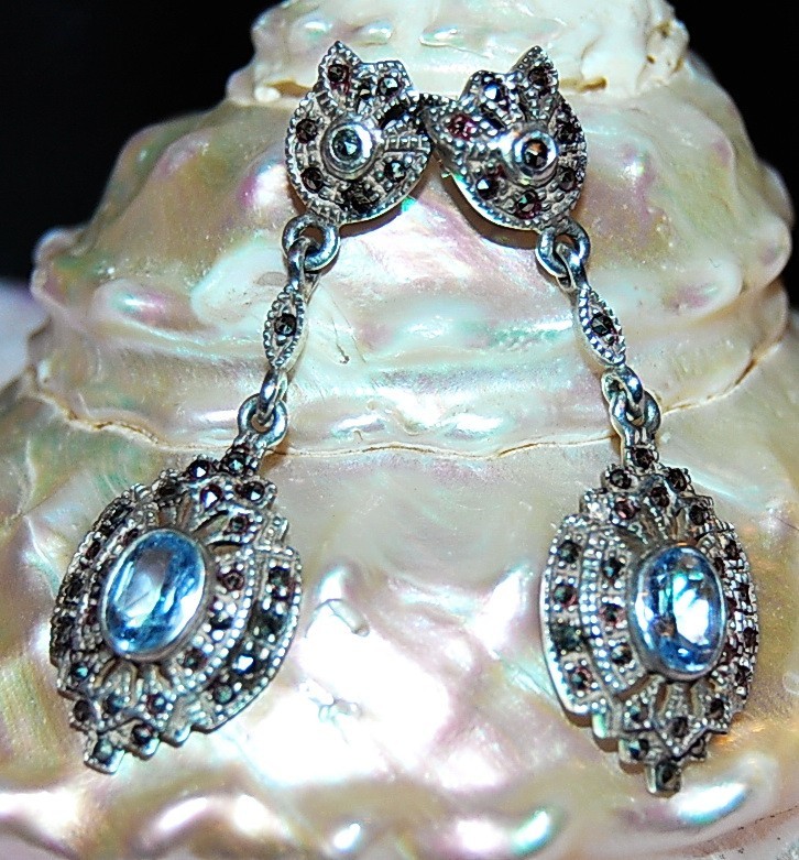 cercei vintage antic argint 925 masivi superbi topaz natural si anturaj ...