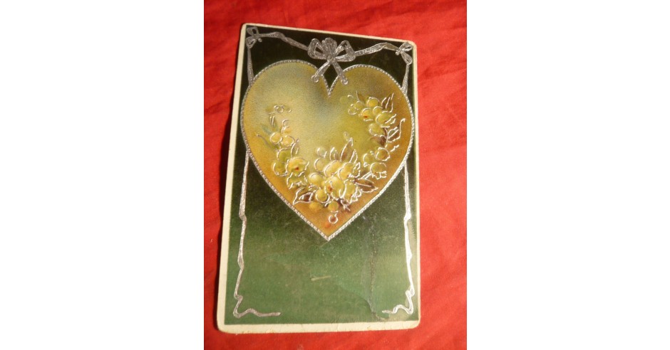 Ilustrata-Felicitare- Inima cu ornamente metalizate ,circulat 1918 din ...