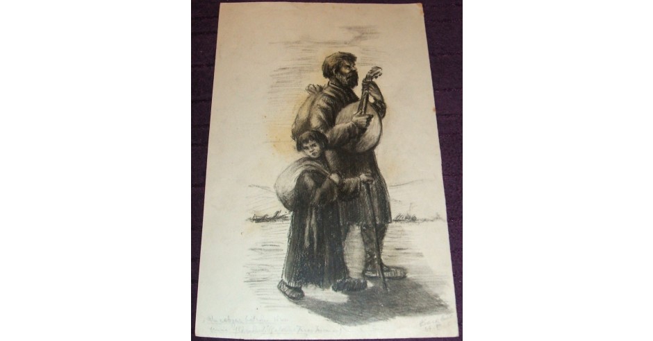 Cobzar batran cu prunc flamand - semnat V. Socoliuc 1954, grafica in ...