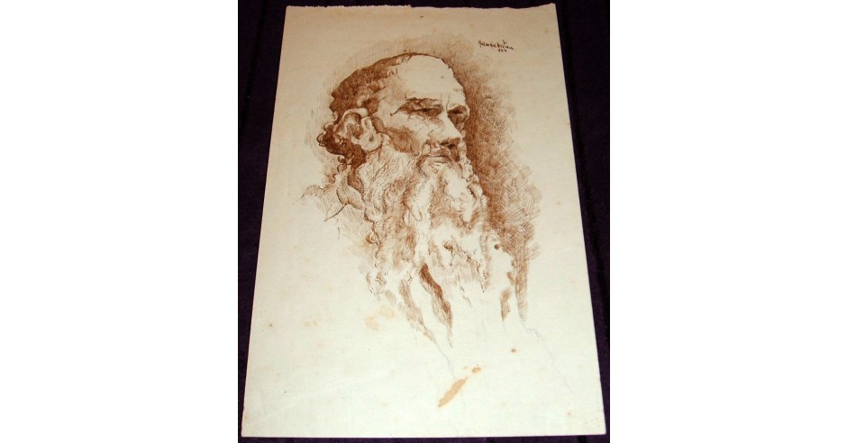 Tolstoi - semnat Gheorghe Nistor 1947, grafica tus sepia, portret in ...