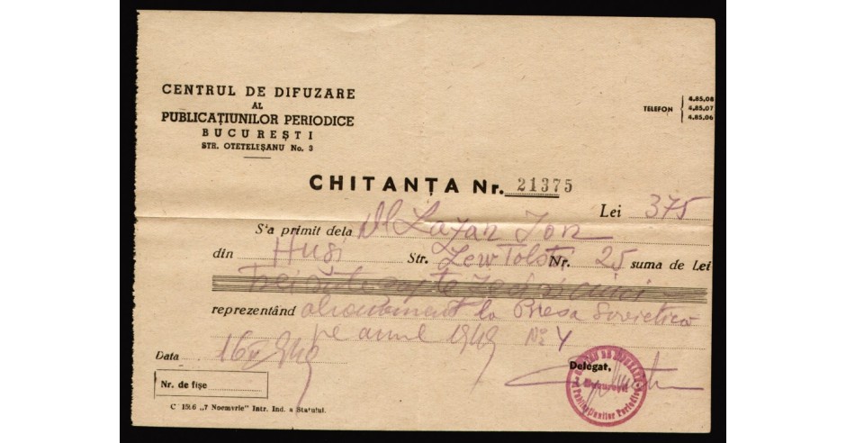 1949 Chitanta Abonament la Presa Sovietica, stampila Centrul Difuzare ...