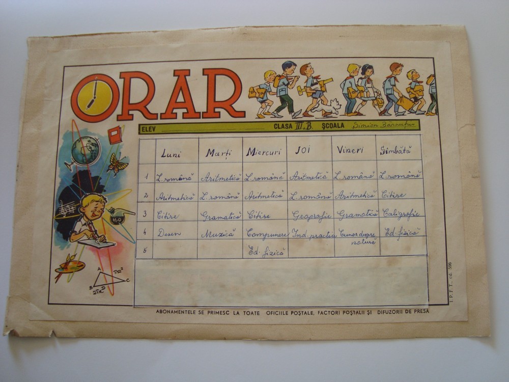 PIONIERI ORAR SCOLAR PENTRU ELEVI , ANII 60 - 70 | arhiva Okazii.ro