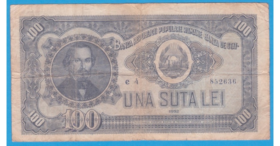 (10) BANCNOTA ROMANIA - 100 LEI 1952, REP. POPULARA ROMANA, SERIE DIN 1 ...