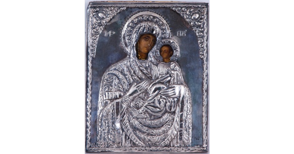 Icoana veche ruseasca cu ferecatura de argint | arhiva Okazii.ro