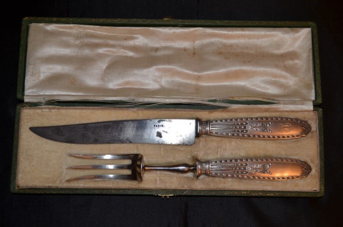 SET - CUTIT + FURCULITA ARGINT 950 - Pt. Friptura - Franta 1850 + Cutie ...