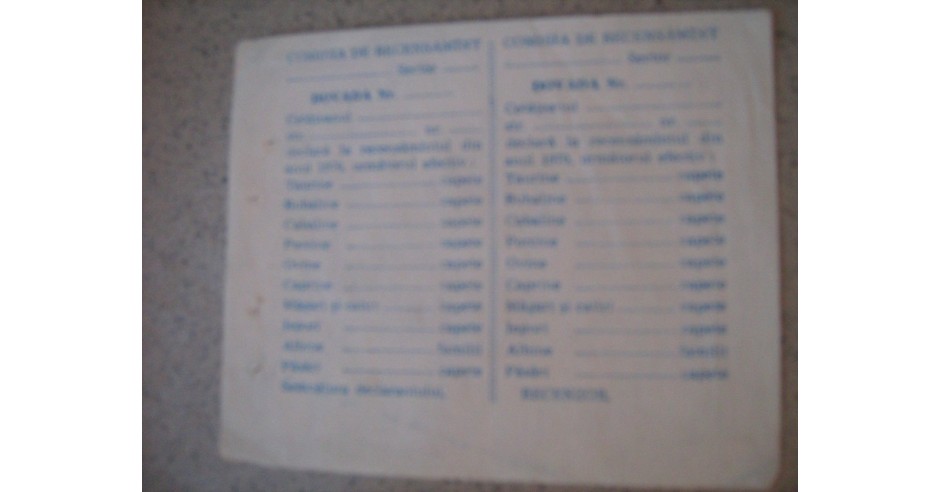 Formular recensamant animale (anii 80), Romania de la 1950, Documente ...