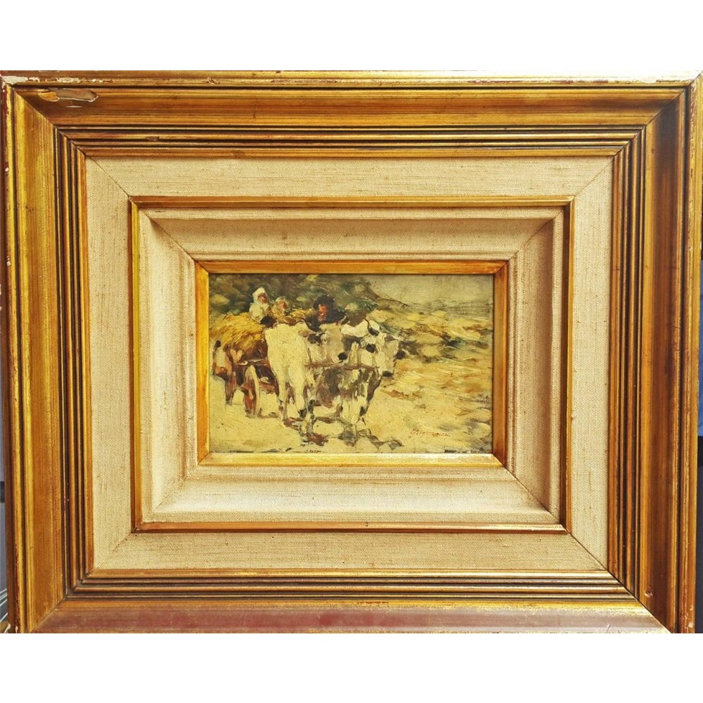 "Car cu boi " Nicolae Grigorescu, tablou original cu documente (15x25cm ...