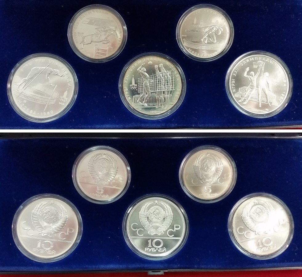 K.002-SET 5 MONEZI ARGINT 3 X 10 RUBLE,2 X 5 RUBLE -URSS-OLIMPIADA ...