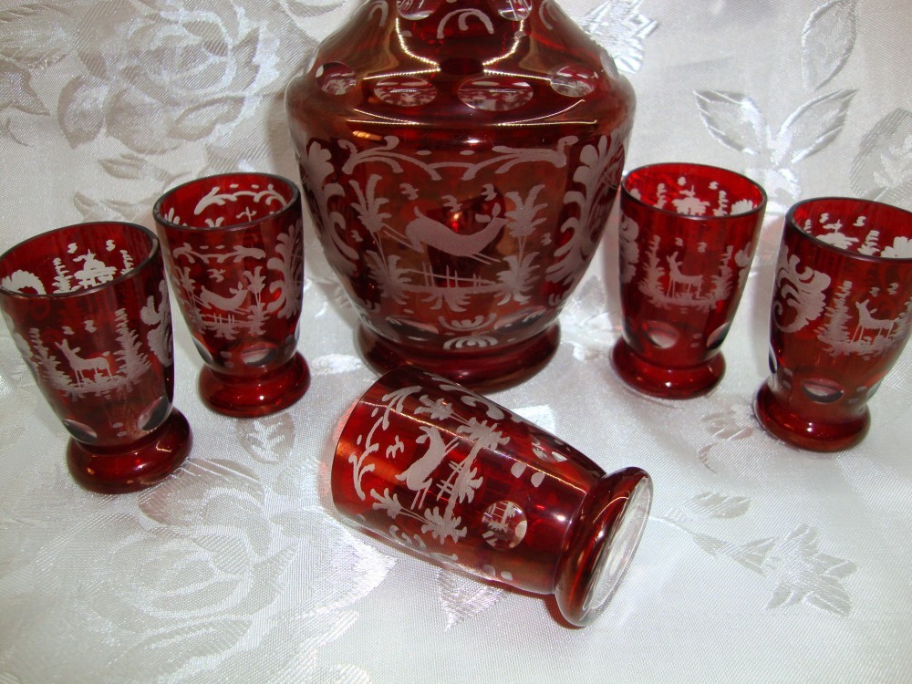 SET / SERVICIU PAHARE TARIE SI STICLA DIN CRISTAL COLORAT / RUBIN ...