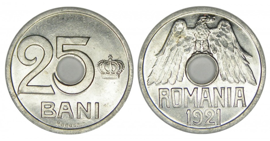 ROMANIA MONEDA 25 BANI 1921 cu gaura de 4mm UNC | arhiva Okazii.ro