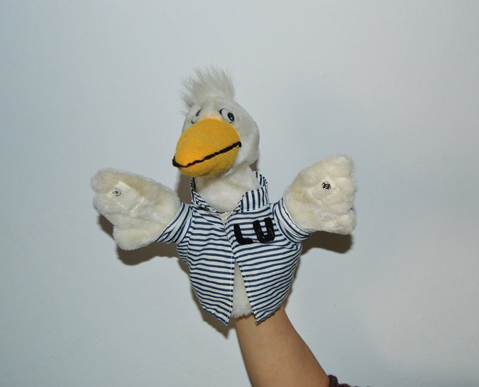 Marioneta teatru de papusi papusa manuala barza, pasare alba cu cioc ...