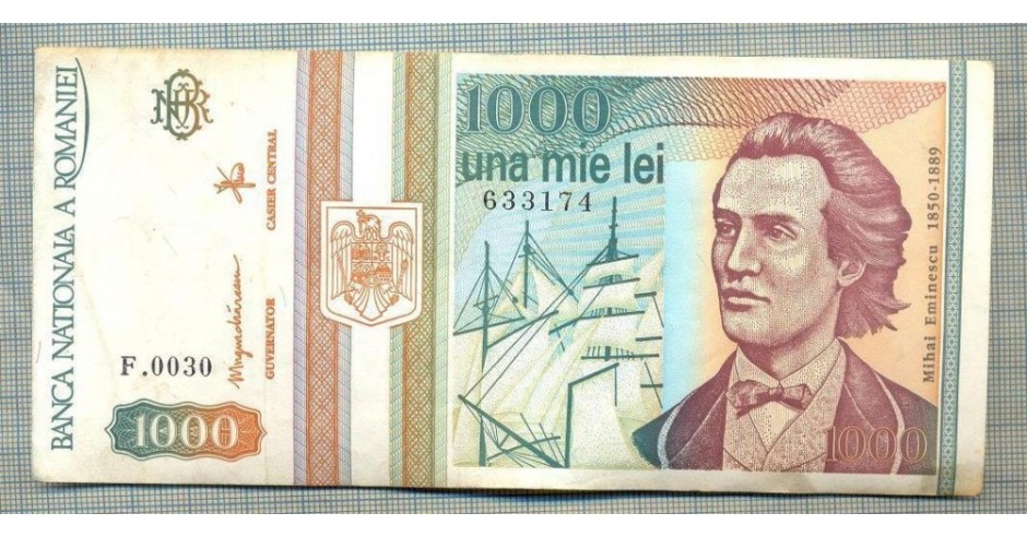 A1362 BANCNOTA-ROMANIA-1000 LEI-1993 -SERIA 0030 -EMINESCU -starea care ...