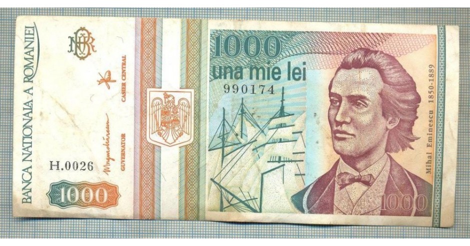 A1420 BANCNOTA-ROMANIA-1000 LEI-1993 -SERIA 0026 -EMINESCU -starea care ...
