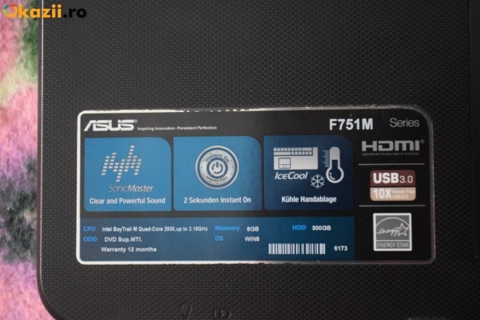 Laptop ASUS F751M, 8Gb, Quad Core, display 17,3 inch... NOU! | arhiva ...