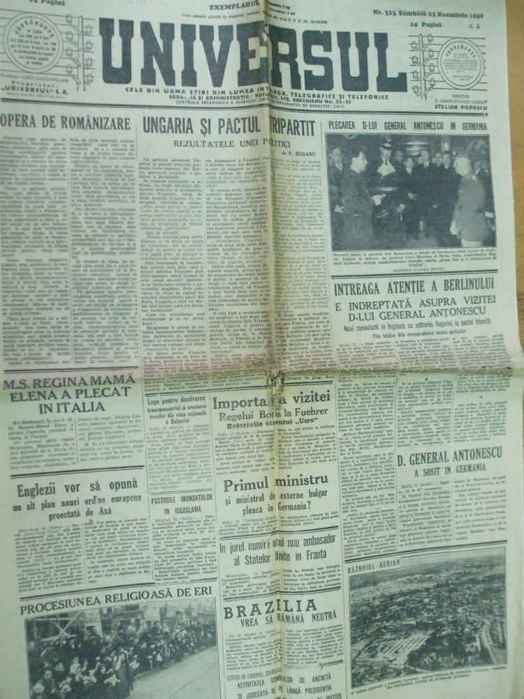 Universul 23 noiembrie 1940 Antonescu Zamfira Barlad cutremur Nicoresti ...