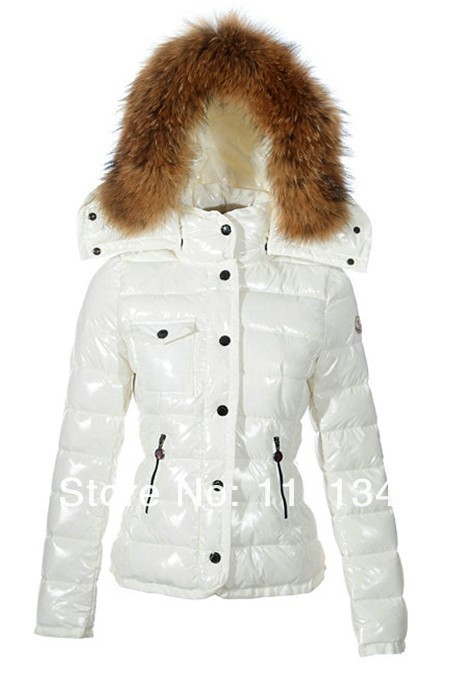 Geaca Moncler alba,model Celsie,umpluta cu puf gasca si gluga cu blana ...