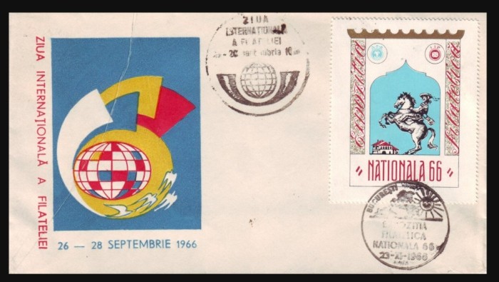 1966 Ziua Internationala a Filateliei, plic cu stampila speciala si ...