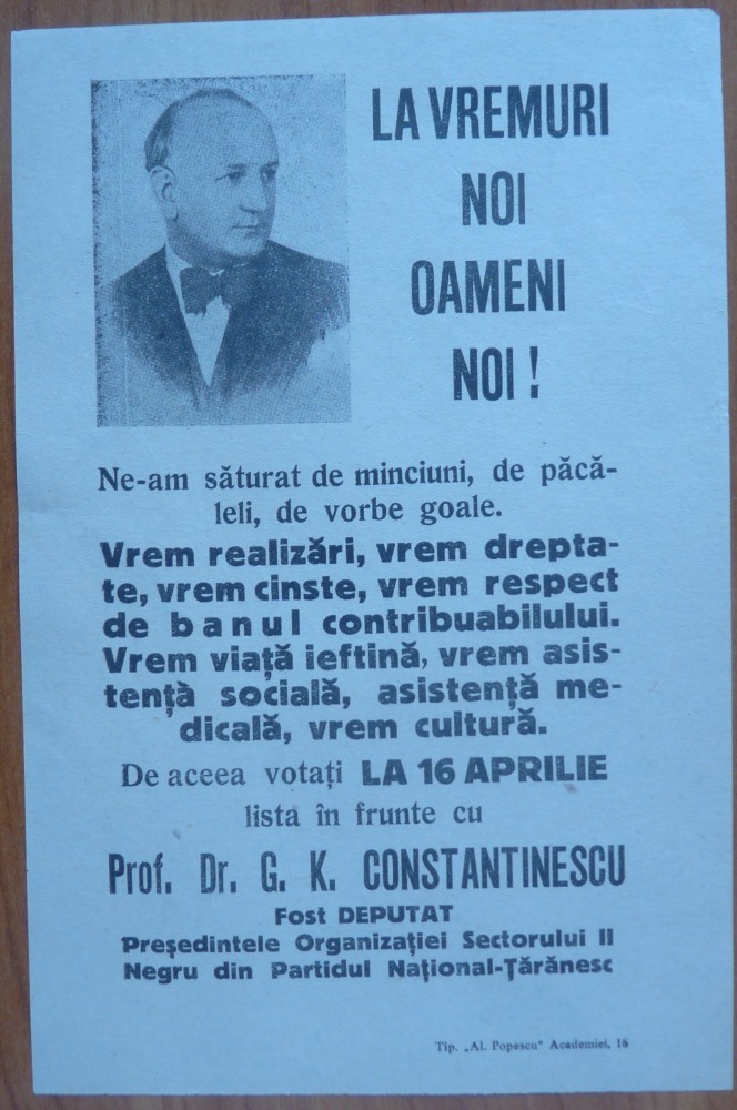 Pliant publicitar alegeri , PNT . Prof. Dr. G. K: Constantinescu , 16 ...