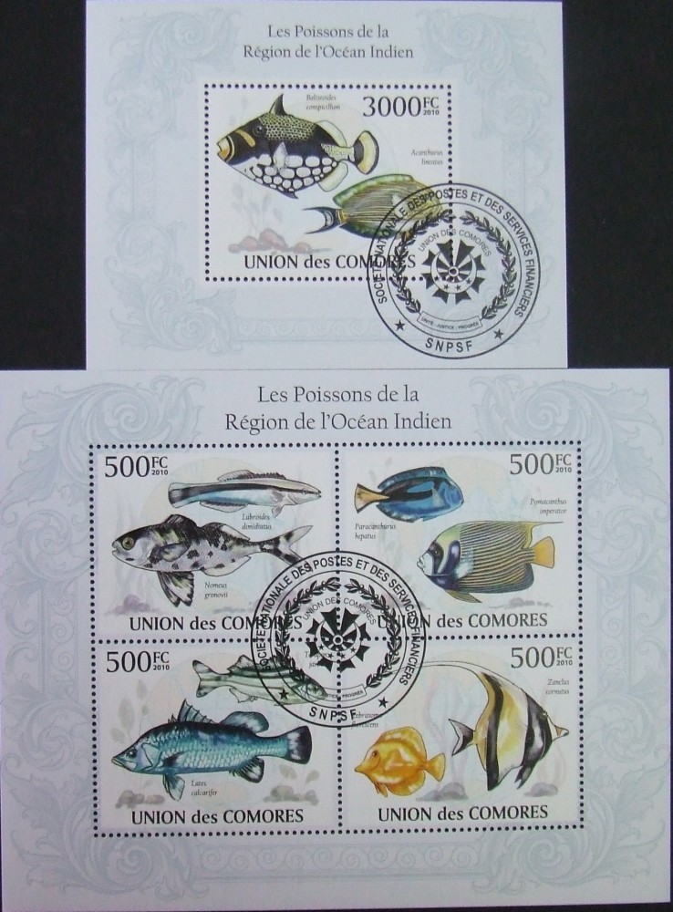INSULELE COMORES - PESTI OCEANUL INDIAN, 2010, 1 M/SH + 1 S/SH, OBLIT ...