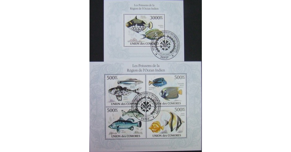 INSULELE COMORES - PESTI OCEANUL INDIAN, 2010, 1 M/SH + 1 S/SH, OBLIT ...