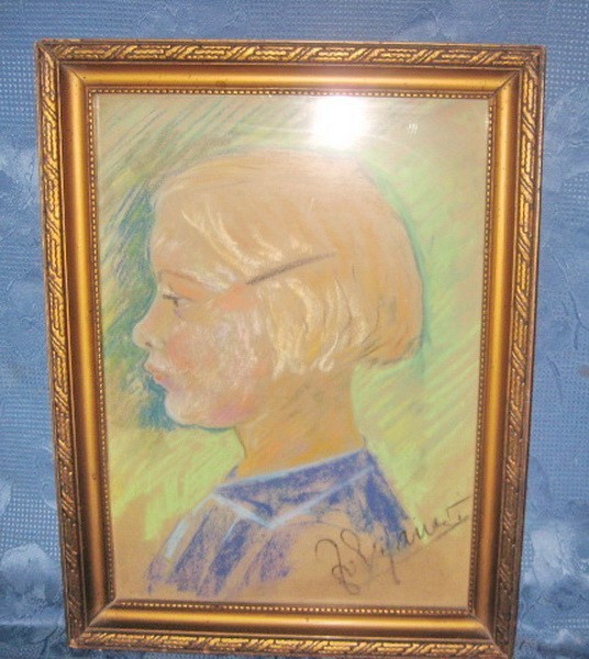 Tablou vechi creion Chip de fetita semnat indescifrabil. | arhiva Okazii.ro