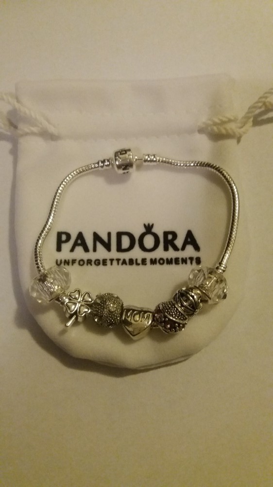 Bratara PANDORA 7 charm-uri placata argint 925 model INIMA TRIFOI ALB ...