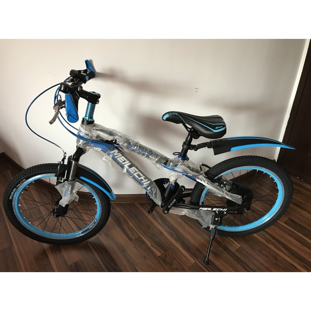 Bicicleta 20 inch copii 5-10 ani 18 viteze NEGRU MAT cu ALBASTRU ...