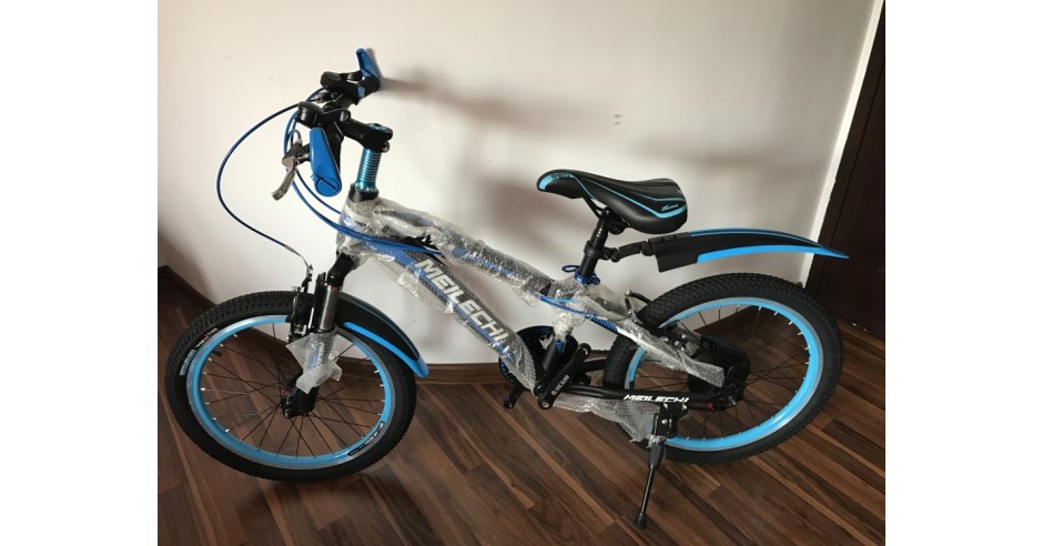 Bicicleta 20 inch copii 5-10 ani 18 viteze NEGRU MAT cu ALBASTRU ...