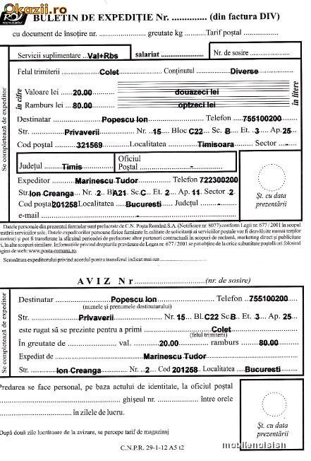 Aplicatie completat formulare postale (buletin expeditie, mandat ...