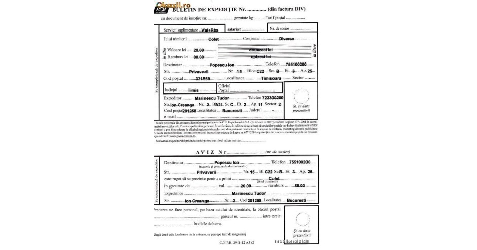 Aplicatie completat formulare postale (buletin expeditie, mandat ...