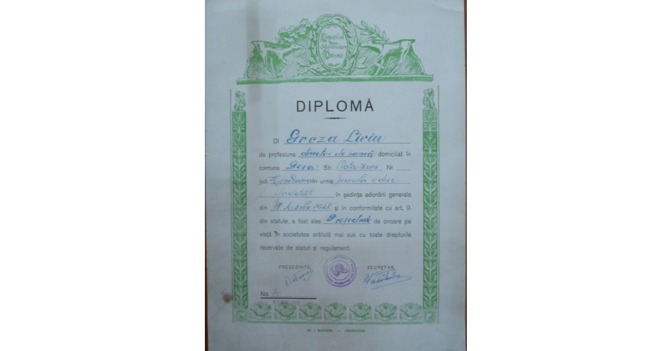 Diploma Groza , Presedintele Asociatiei de Vanatoare Copoiul Deva ...