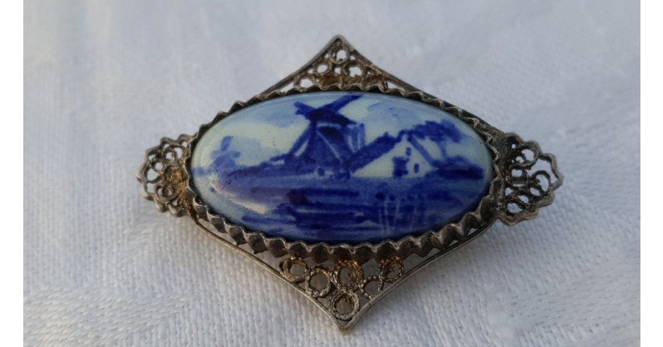 Brosa argint filigran cu PORTELAN DELFT 1900 OLANDA finuta SUPERBA ...