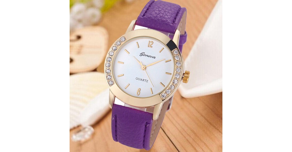 NOU Ceas dama mov elegant cadran auriu strasuri curea piele eco GENEVA ...