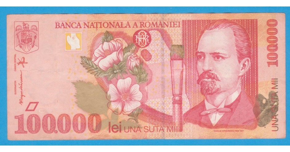 (1) BANCNOTA ROMANIA - 100.000 LEI 1998, PORTRET NICOLAE GRIGORESCU | arhiva Okazii.ro