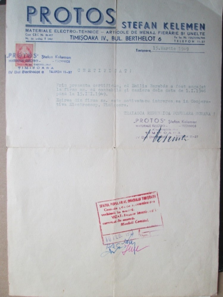 Scrisoare cu Antet: Timisoara 1949. Firma Protos | arhiva Okazii.ro