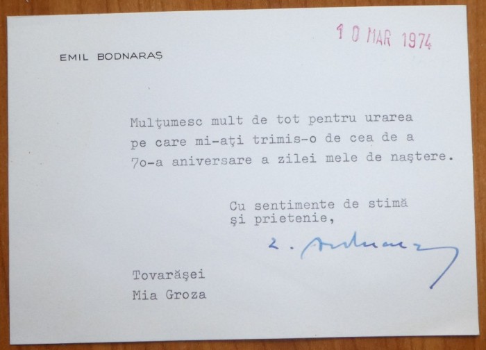 Semnatura olografa a lui Emil Bodnaras pe un raspuns catre Mia Groza ...
