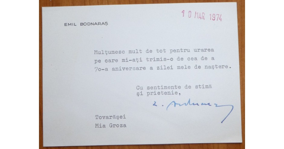 Semnatura olografa a lui Emil Bodnaras pe un raspuns catre Mia Groza ...