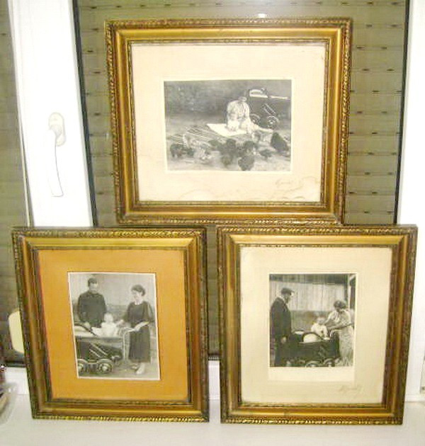 Set 3 Rame Foto familie vechi Soti cu Copil cu Carut., Lemn ...