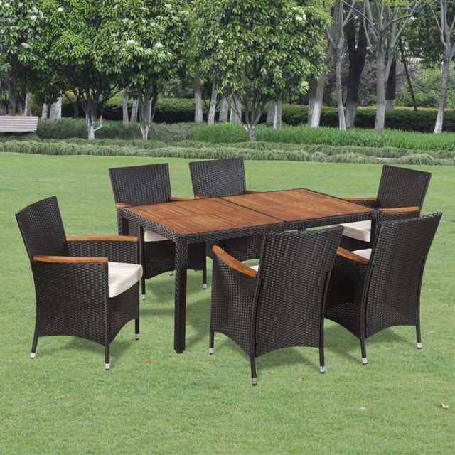 Set mobilier de gradina din ratan cu 6 scaune si masa cu blat de lemn ...