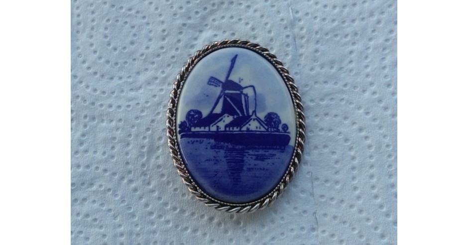 Brosa argint cu Portelan DELFT Olanda VECHE eleganta SPLENDIDA masiva ...