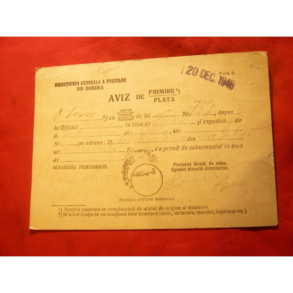 Aviz de Plata -Posta Romana 1946 Recomandata ,stamp. liniara, Circulata ...